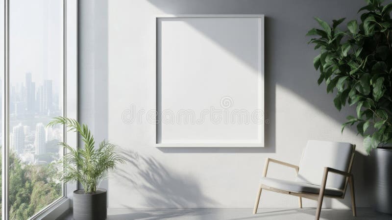 Minimalist Living Room with Blank Frame and White Chair Stock ...