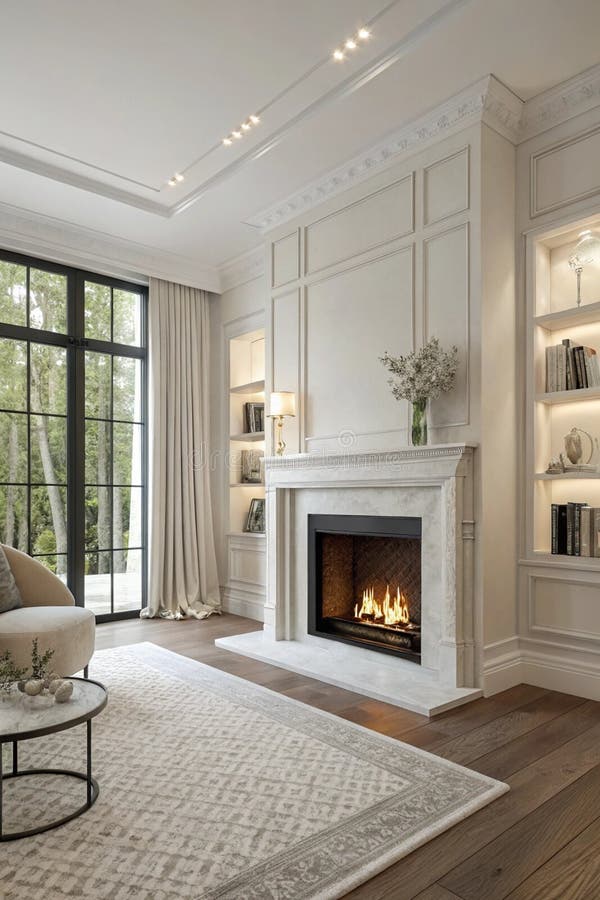 Minimalist Living Room Interior with Modern Fireplace 3D Render Stock ...