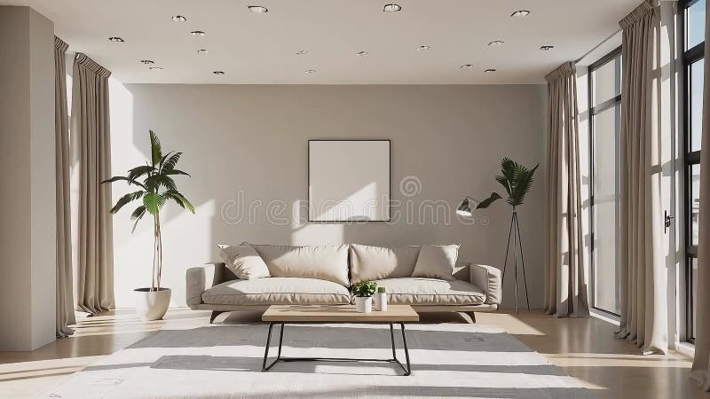 Minimalist Living Room Interior in Soft Neutral Palette. Stock Footage ...