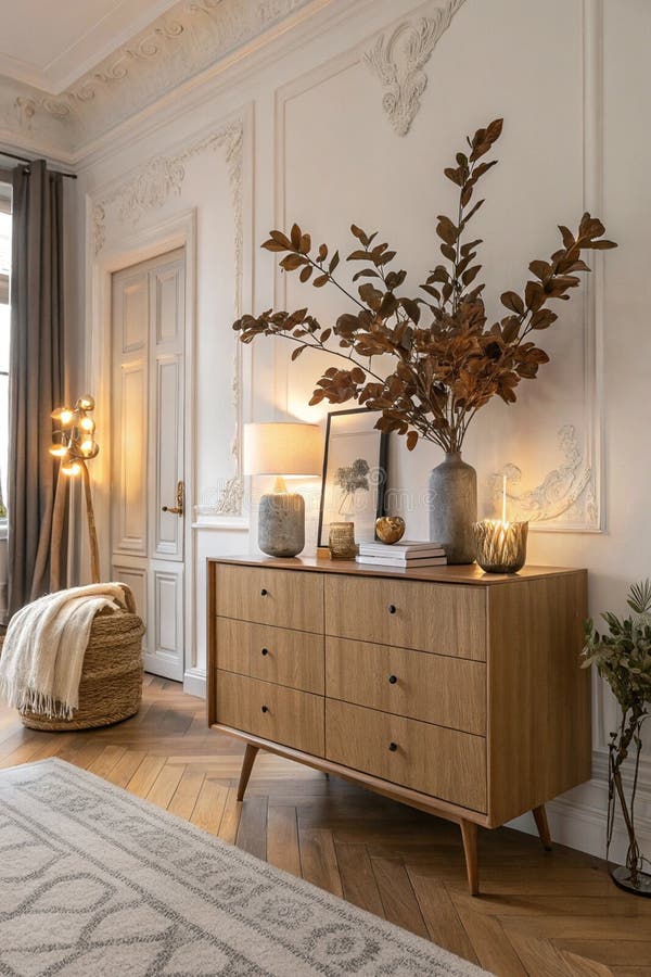 Minimalist Living Room with Mid-century Modern Commode and Cozy ...