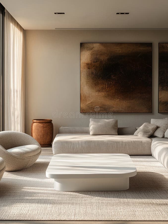 Minimalist Living Room with Modern Decor and Abstract Art. Stock Photo ...