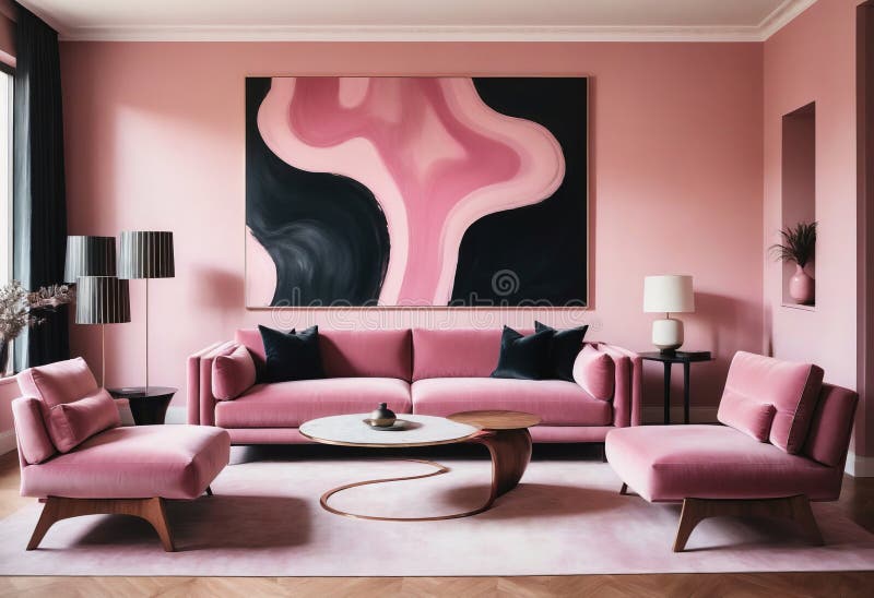 Minimalist Living Room with Pink Sofas and a Low Wooden Coffee Table ...