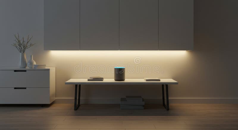 Minimalist Living Room with Smart Speaker on Modern Table and Ambient ...