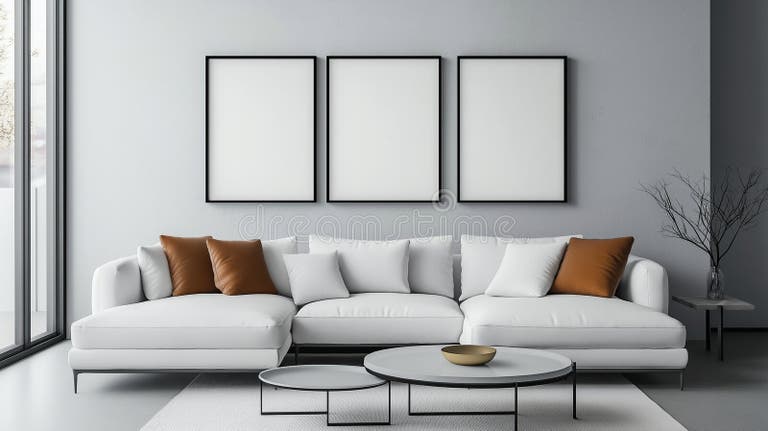 Minimalist Living Room with White Sectional Sofa and Empty Frames Stock ...