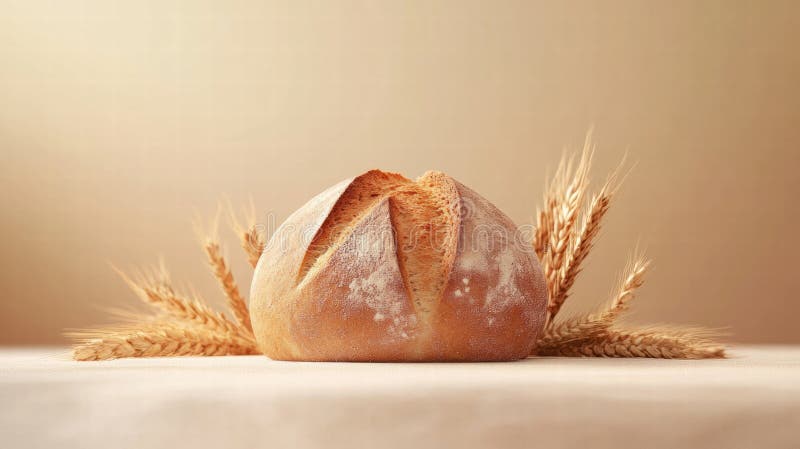 Minimalist Loaf of Bread Surrounded by Wheat Grains on a Neutral ...