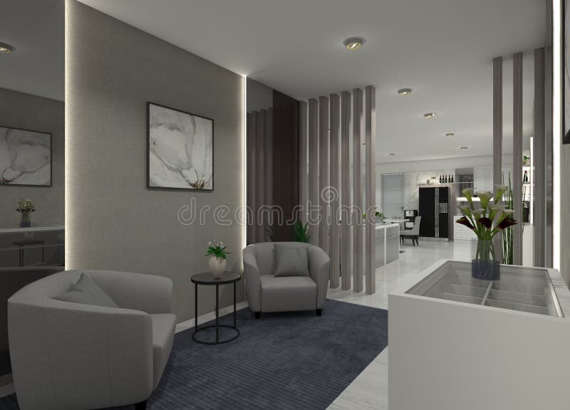 Minimalist Lobby Interior Design with Sofa and Wall Panel Decoration ...