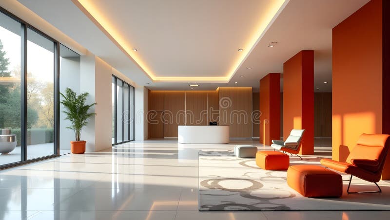 A Minimalist Lobby with Vibrant Color Accents Stock Illustration ...