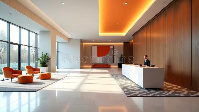 A Minimalist Lobby with Vibrant Color Accents Stock Illustration ...