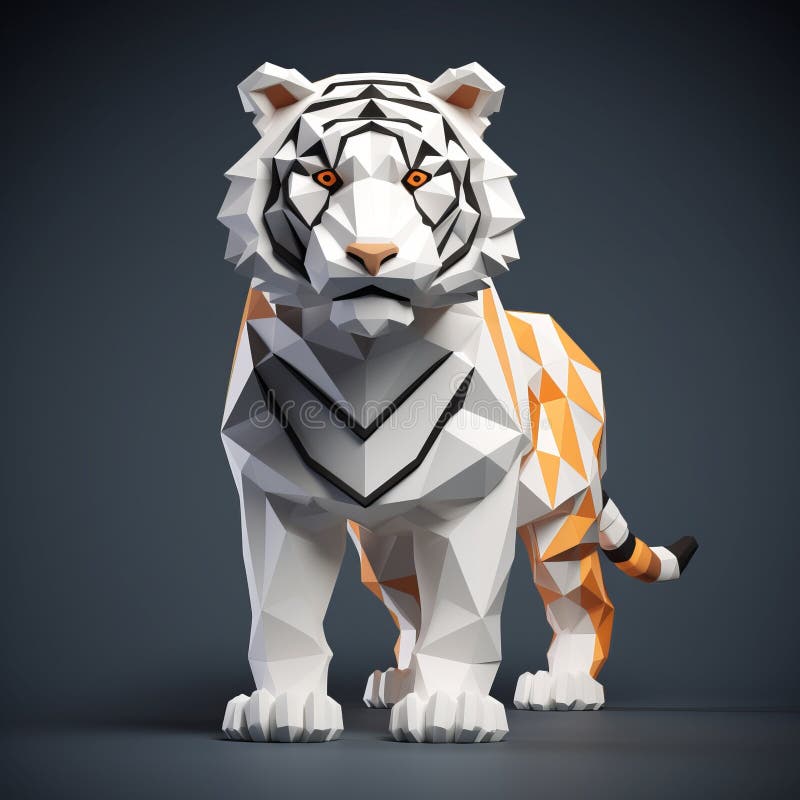 Minimalist Low Poly 3d White Tiger with Dark Geometric Structures Stock Illustration ...