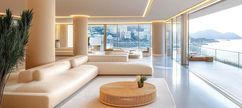 Minimalist and Luxury Open Plan Living Room Interior Design with a Sea ...