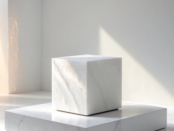 Minimalist Marble Cube Display Platform in a Clean White Studio Setting ...