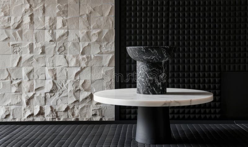 A Minimalist Marble Pedestal on a Matte Black Table, with a Geometric ...