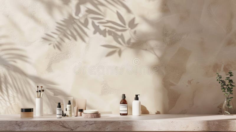 A Minimalist Marble Stone Counter Displays an Array of Cosmetic Beauty ...