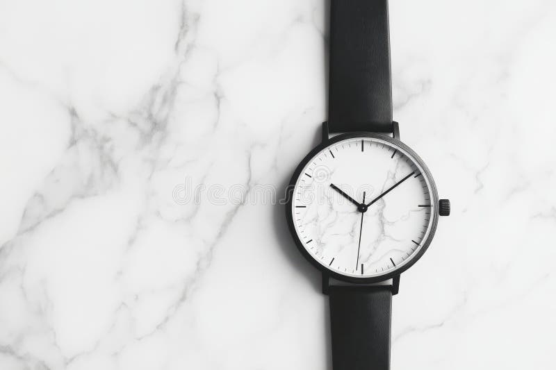 Minimalist Marble Watch with Black Leather Strap on White Marble ...