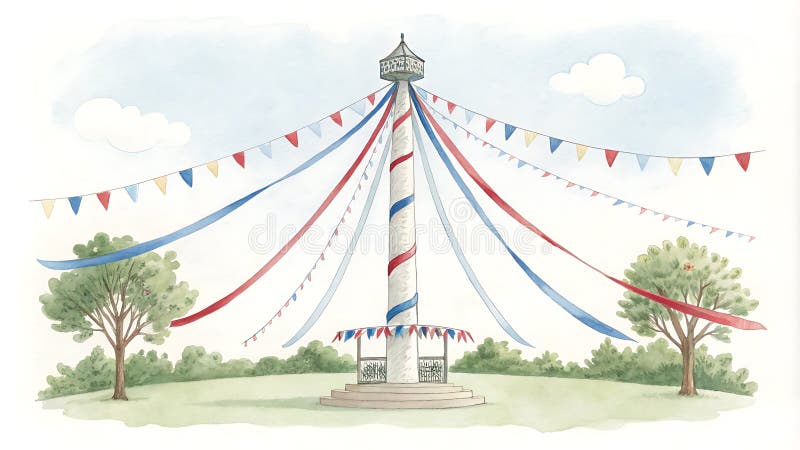 Minimalist Maypole Dancing Scene in Watercolor with Festive Ribbons and ...