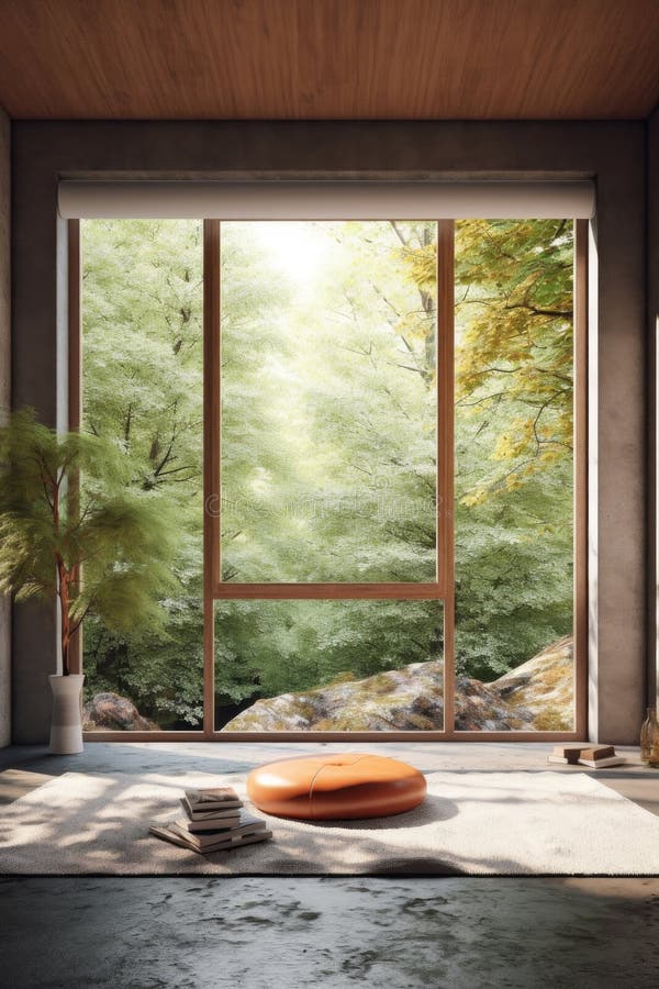 Minimalist Meditation Room with a Large Window and Nature View Stock ...