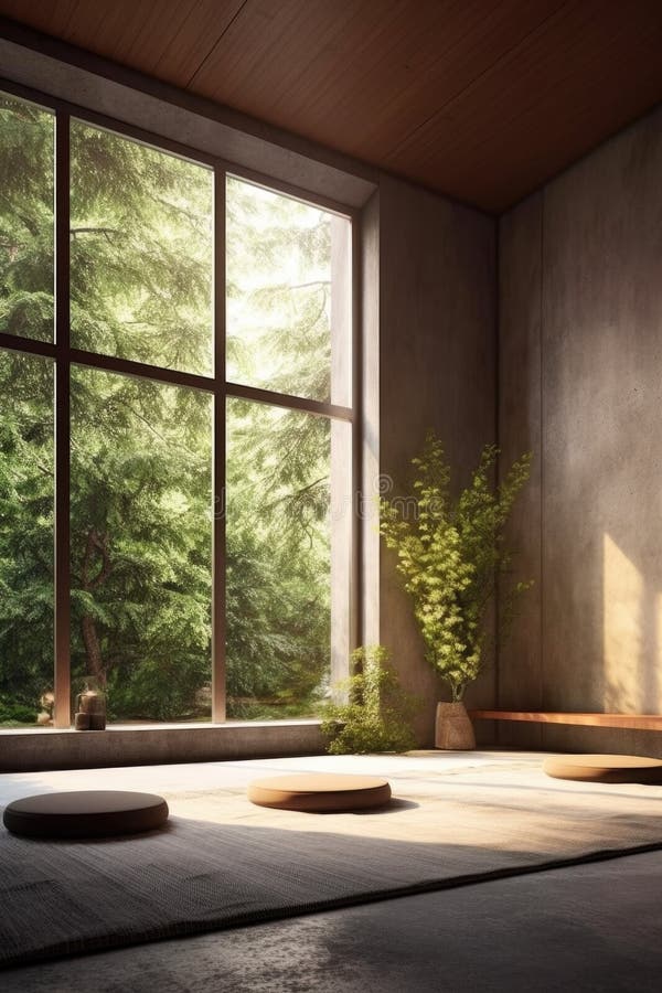 Minimalist Meditation Room with a Large Window and Nature View Stock ...