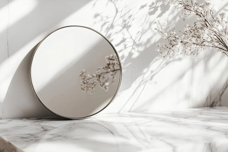 A Minimalist Mirror Placed on a Marble Counter with Soft Reflections ...