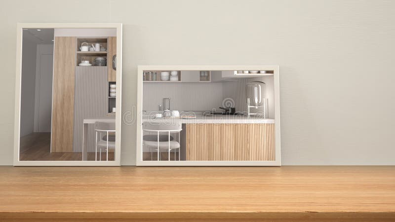 Minimalist Mirrors on Wooden Table, Desk or Shelf Reflecting Interior ...