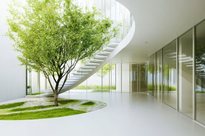 Minimalist Modern Atrium with Spiral Staircase and Greenery. Stock ...