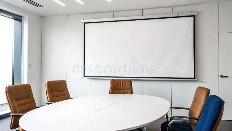 Minimalist Modern Conference Room, Large Blank White Rectangular Screen ...