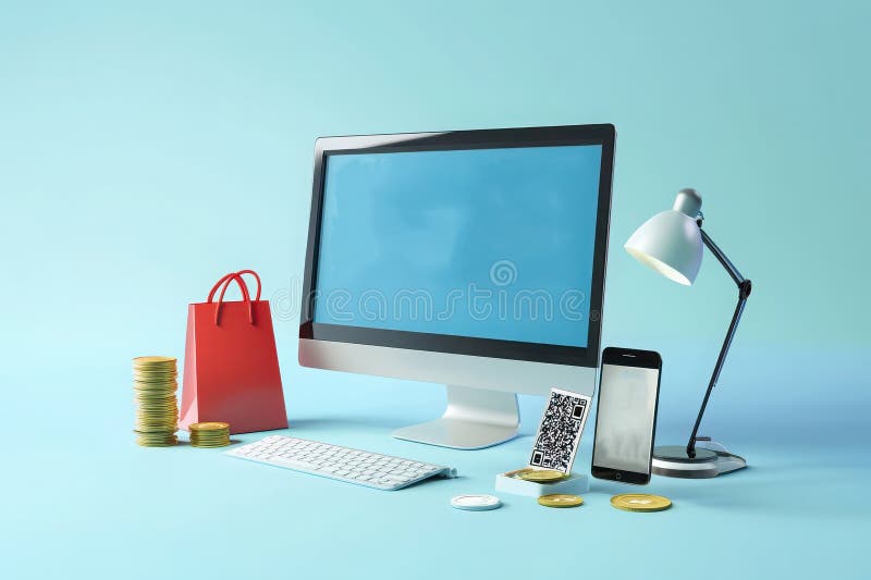 A Minimalist and Modern E-commerce Scene Featuring a Computer, Shopping ...