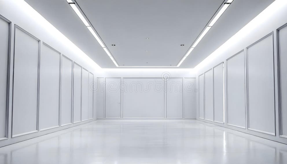 Long, Narrow White Corridor with Sleek, Minimalist Design. Walls are ...