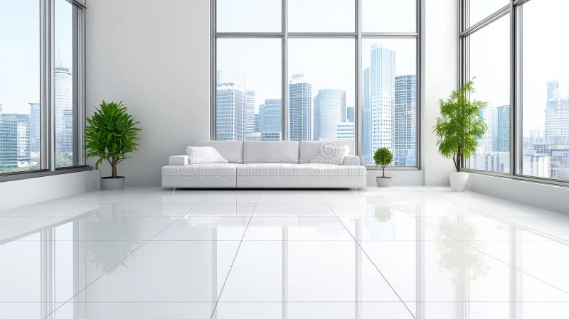 Minimalist Modern Interior with City View White Sofa Plants and ...