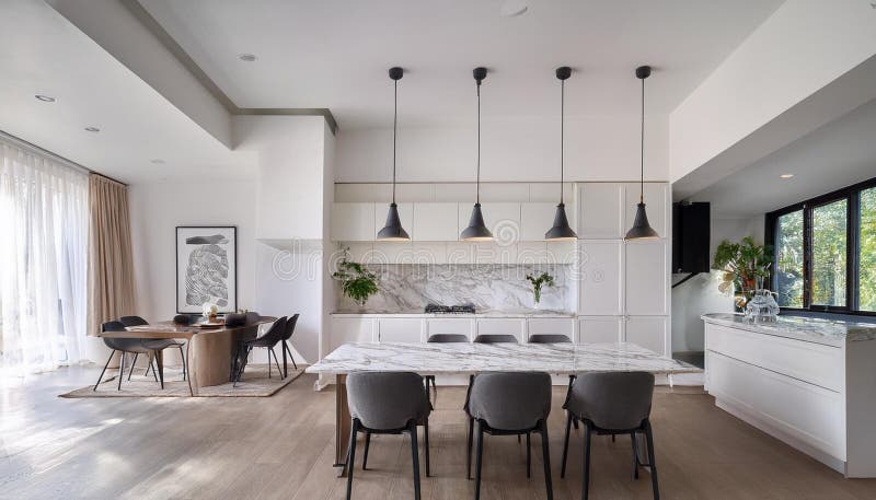 Modern Minimalist Kitchen White Marble Stone Island Dining Table Chairs ...