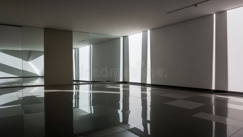 Minimalist Modern Interior with Dramatic Light Beams and Reflective ...