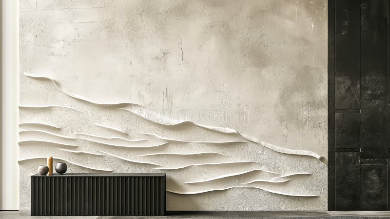 A Minimalist Modern Interior Featuring a Textured Wall with Wavy Sand ...