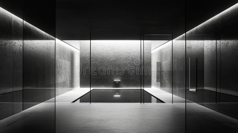 Minimalist Modern Interior with Reflecting Pool and Glass Walls Stock ...