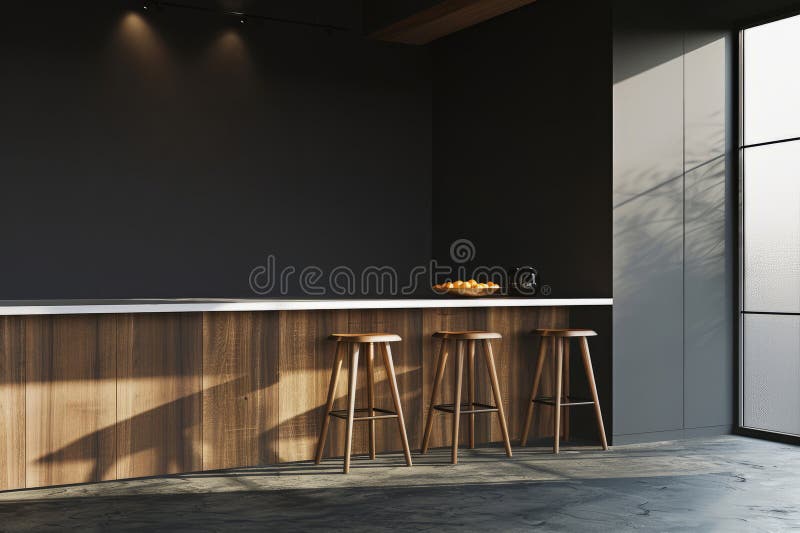 Minimalist Modern Kitchen Interior with Wooden Bar Stools and Ambient ...