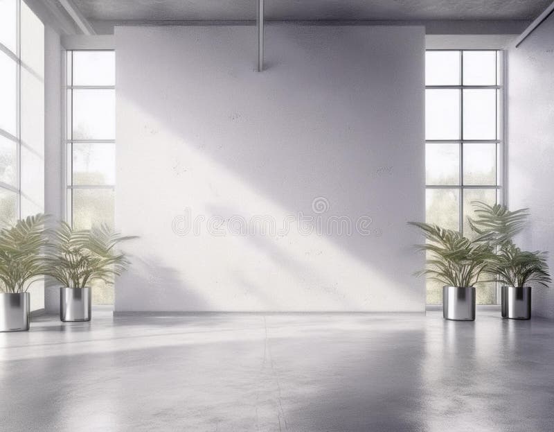 Minimalist Modern Office Interior with Large Windows, Concrete Floor ...