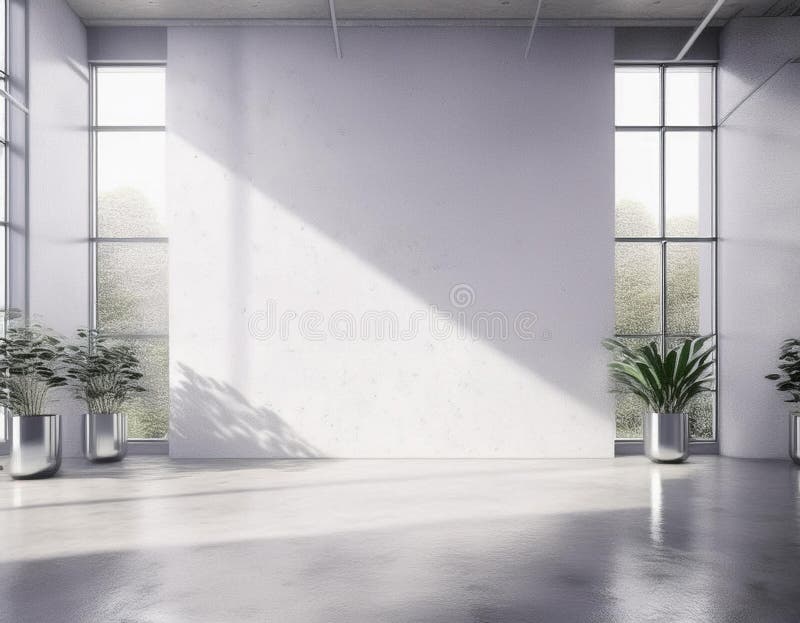 Minimalist Modern Office Interior with Large Windows, Concrete Floor ...