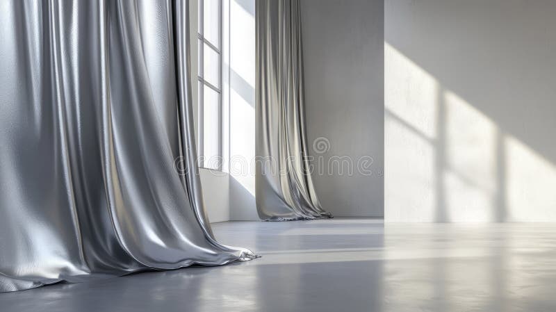 Minimalist Modern Space with Silver Satin Drapes, Diffused Natural ...