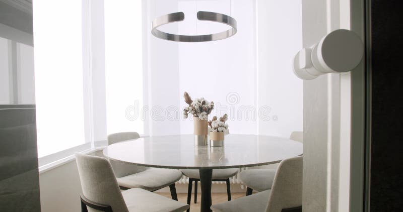 Minimalist Modern White Dining Room with White Chairs and Minimalist ...