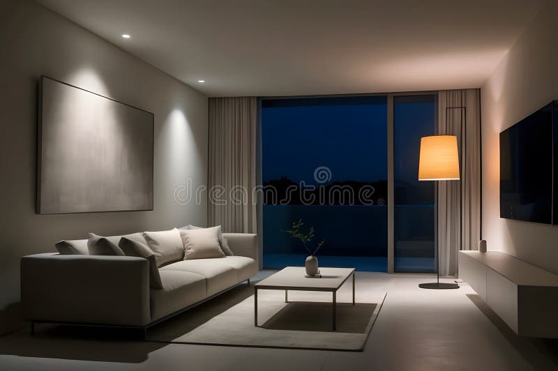 Minimalist Modernized Interior Decoration of a Living Room at Night ...