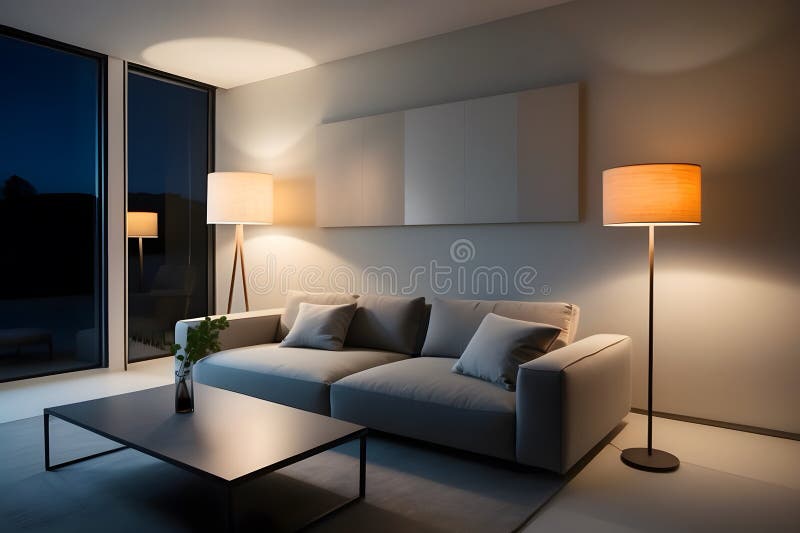 Minimalist Modernized Interior Decoration of a Living Room at Night ...