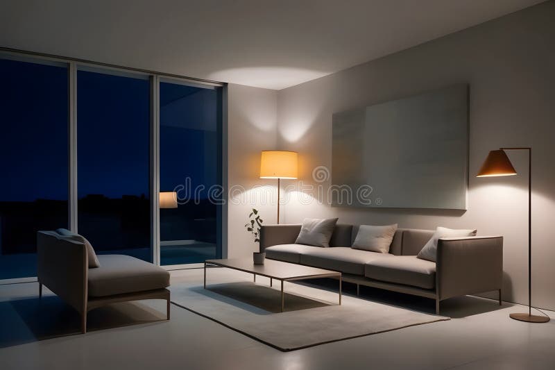 Minimalist Modernized Interior Decoration of a Living Room at Night ...