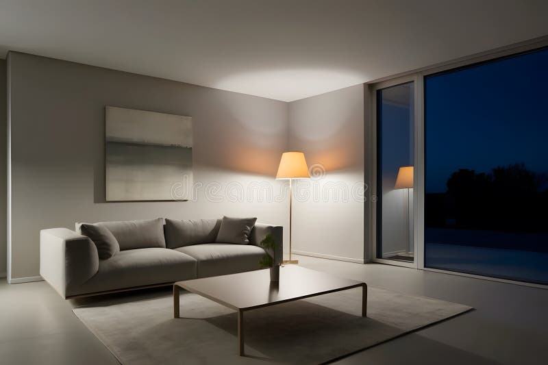 Minimalist Modernized Interior Decoration of a Living Room at Night ...