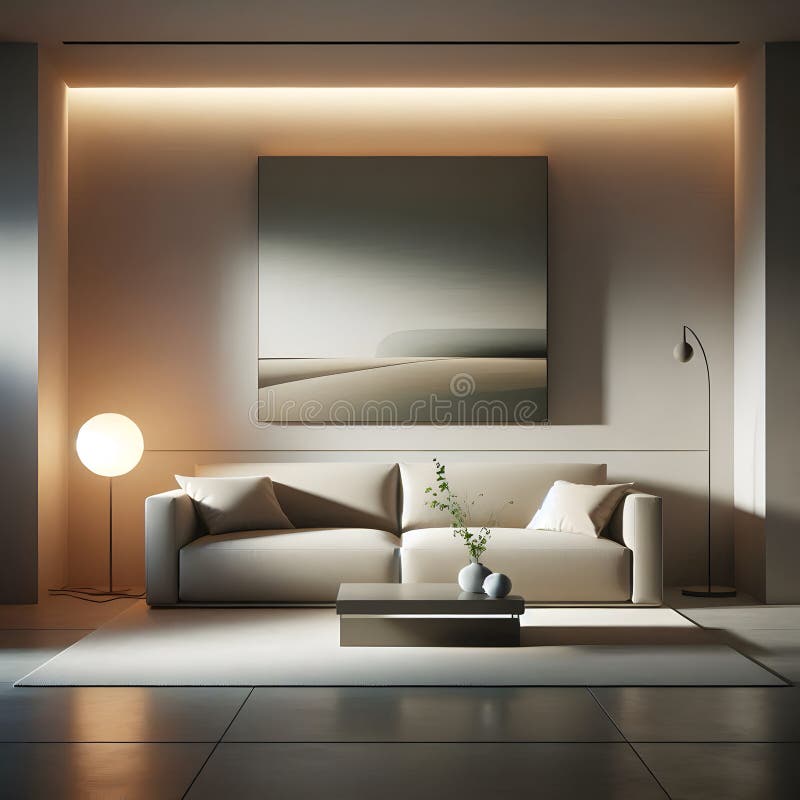 Minimalist Modernized Interior Decoration of a Living Room at Night ...