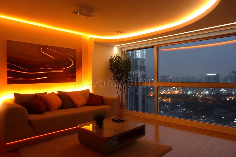 Minimalist Modernized Interior Decoration of a Living Room at Night ...