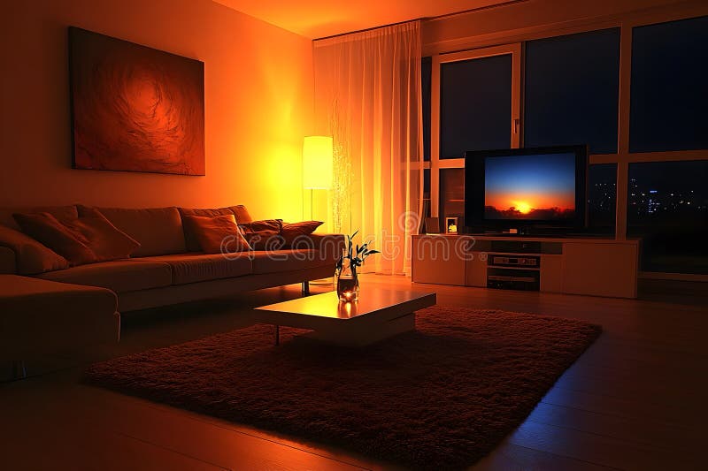 Minimalist Modernized Interior Decoration of a Living Room at Night ...