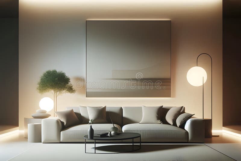 Minimalist Modernized Interior Decoration of a Living Room at Night ...
