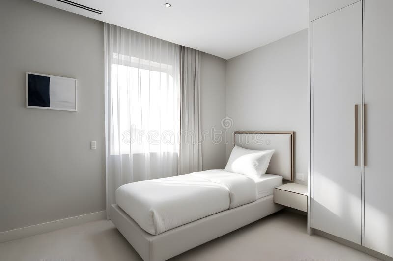 A Minimalist Modernized White Decorated Single Bedroom Design Stock ...