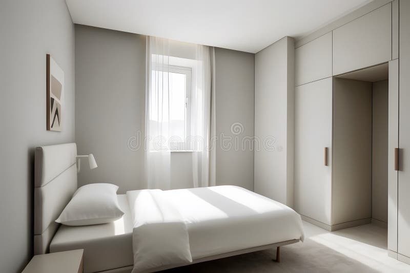 A Minimalist Modernized White Decorated Single Bedroom Design Stock ...