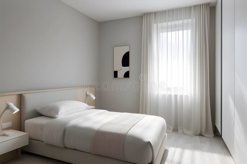 A Minimalist Modernized White Decorated Single Bedroom Design Stock ...