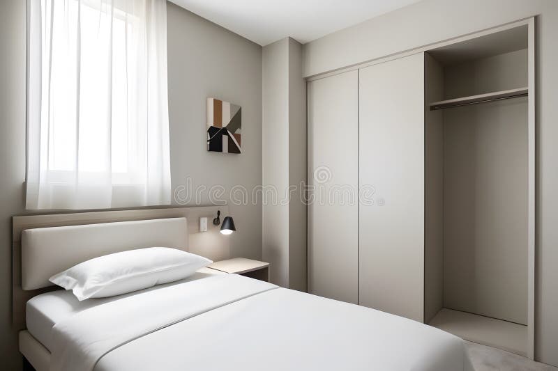 A Minimalist Modernized White Decorated Single Bedroom Design Stock ...