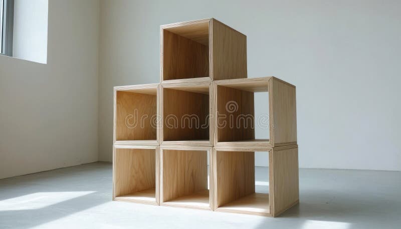Minimalist Modular Cube Storage in Light Wood, Bright Studio Lighting ...